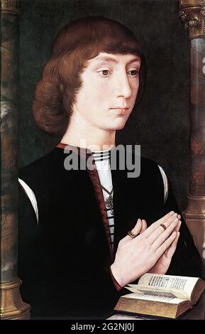 Hans Memling; Young Man at Prayer with St. William of Maleval; 1470; Tempera on panel; The ...