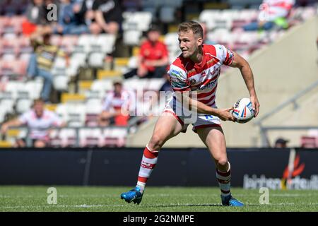 Leigh, UK. 12th June, 2021. Ben Reynolds (30) of Leigh Centurions goes ...