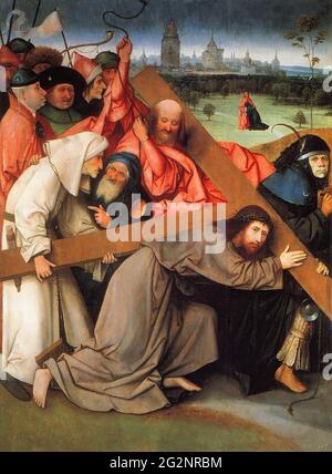 Hieronymus Bosch, Christ Carrying the Cross, c. 1510, oil on panel. Depicts the scene of Christ ...