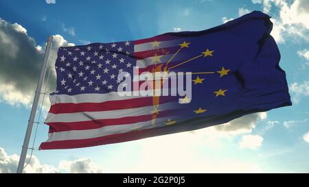 USA and Indiana Mixed Flag waving in wind. Indiana and USA flag on ...