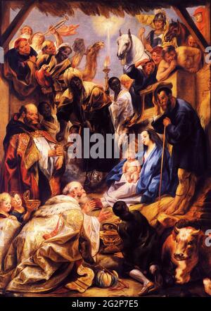 The painting 'Adoration of the Magi' by Jacob Jordaens, a Flemish Baroque artist, depicts the ...