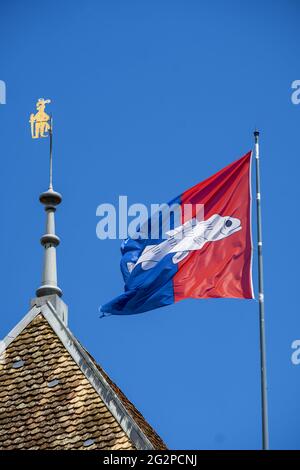 Flag of the Canton of Vaud on the roof of the castle in Nyon, canton of ...