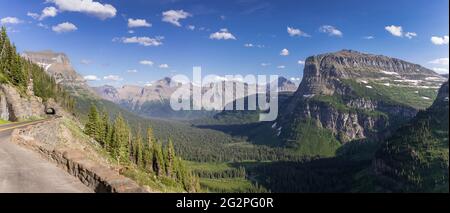 Panorama of Going To The Sun road with Heavy Runner Mountain and Going ...
