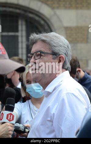 La France Insoumise (LFI) leader Jean-Luc Melenchon holds a public ...