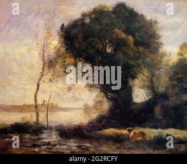 Jean-Baptiste-Camille Corot - Pond with Three Cows Crescent Moon C 1850 ...
