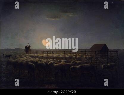 Jean Francois Millet, The Sheepfold: Moonlight, painting in oil on ...