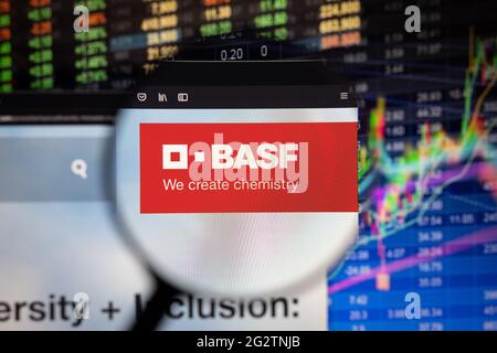 BASF company logo on a website with blurry stock market developments in ...