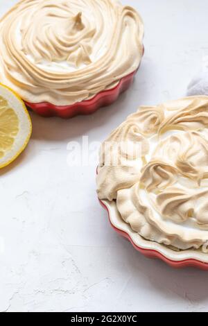 Concept of tasty dessert with meringue pie with citrus, top view Stock ...