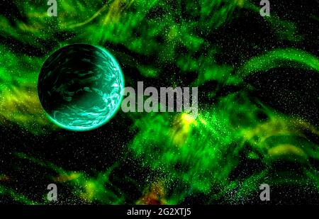 Green glowing nebula in deep space with pentagon particles banner ...