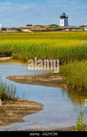 A view of the saltwater marshes with grasslands and Wood End lighthouse ...