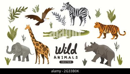 Cute wild animals set including lion, tiger, hippo, crocodile, fox ...