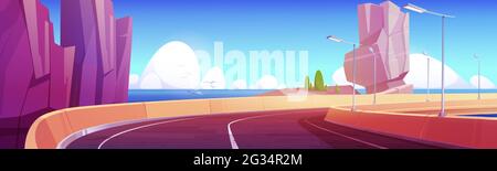 Car overpass road on sea shore with mountains and green trees. Vector ...