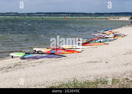 Lots of kite surfing activity at the Baltic Sea beach of Laboe in ...