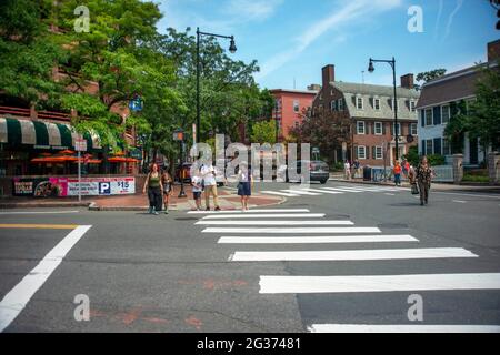 Crosswalk and shops in the near Harvard university and Harvard Square ...