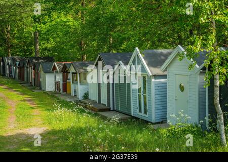 Bathing huts in Ystad sand forest close to the beach at Baltic Sea ...