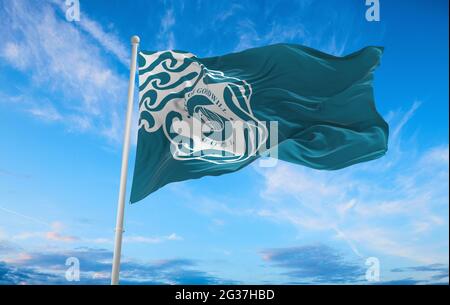 flag of Seattle at cloudy sky background on sunset, panoramic view ...
