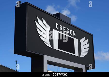 A general view of the Autzen Stadium scoreboard on the campus of ...
