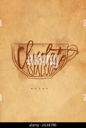Poster coffee mocha in vintage style drawing on wood background Stock ...