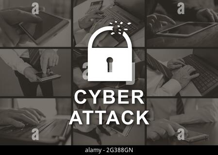 Cyber attack concept illustrated by pictures on background Stock Photo ...