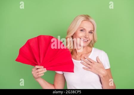 Photo of adorable sweet lady wear plaid shirt jumping holding present ...