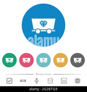 Diamond mining flat white icons on round color backgrounds. 6 bonus ...