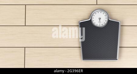 Mechanical weighing scale on wood floor, top view Stock Photo - Alamy