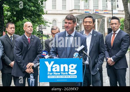President of CEA Chris Monahan speaks at mayoral candidate Andrew Yang ...