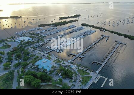 Aerial view of Dinner Key Marina and anchorage in Coconut Grove, Miami ...