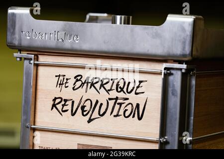 Hochstadt, Germany. 25th May, 2021. A square wine barrel is standing in ...