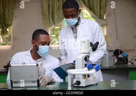 Scientist microbiologists with uniforms working with test tubes and a ...