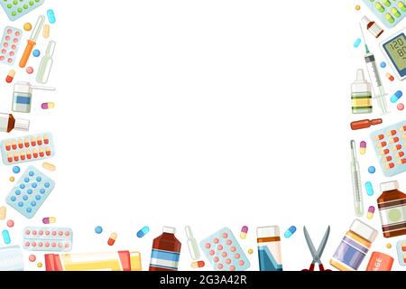 Medicines frame. Illustration with pills, capsules, thermometer ...