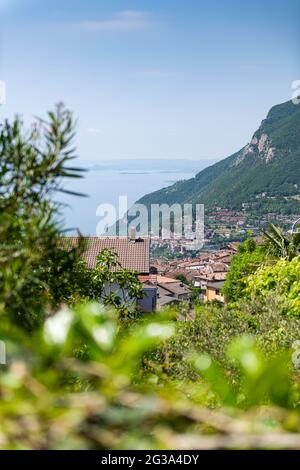 Gardola, Italy. 14th June, 2021. View from the village over Lake Garda ...