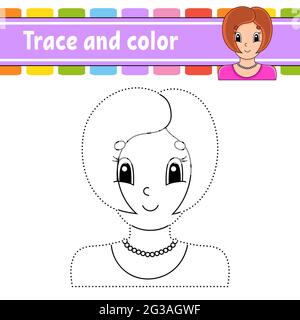 Tracing coloring page with cartoon girl petting puppy and feeding birds ...
