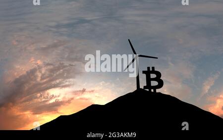 Bitcoin cryptocurrency logo silhouette with sustainable wind turbines ...