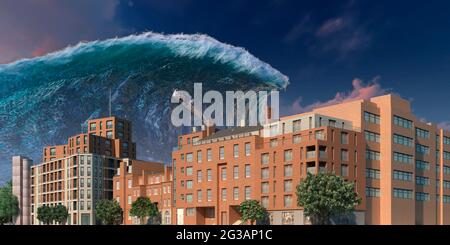 3D illustration tsunami wave apocalyptic water view urban flood Storm ...