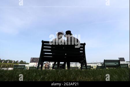 Racegoers on a bench during day one of Royal Ascot at Ascot Racecourse ...