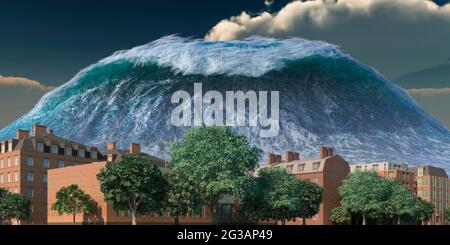 3D illustration tsunami wave apocalyptic water view urban flood Storm ...