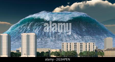 3D illustration tsunami wave apocalyptic water view urban flood Storm ...