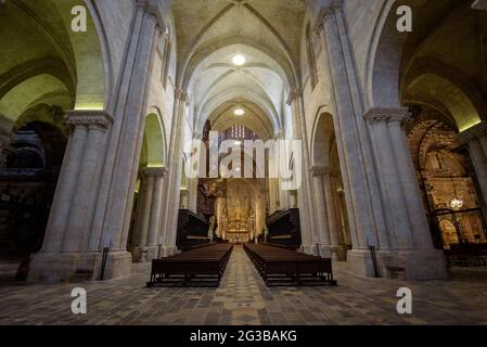 Inside of the cathedral of Tarragona, gothic style (Catalonia, Spain ...