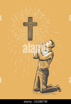 Faith in God concept sketch. Worship, church, religious symbols in ...
