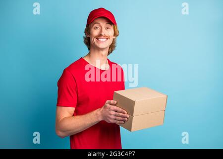 Photo of half turned handsome positive guy crossed arms toothy smile ...