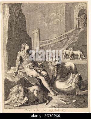 Daniel in the lion's owl. Daniël is kneeling in a cave surrounded by ...