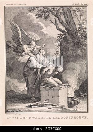 . Abraham has his sword to kill his son Isaac, who kneels with the ...