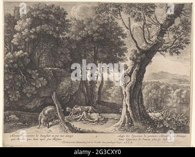 Death of Adonis; Adonis story. In a hilly landscape with tree ladies ...