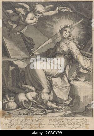 Piety. A woman is sitting as a personification of piety with two stones ...