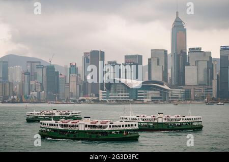 Three of The Iconic Star Ferries and Hong Kong Island Skyline, Hong ...
