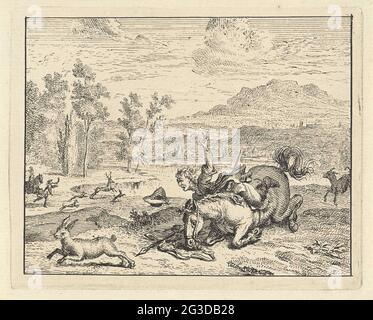 Hunter and dogs chase a deer and a rabbit Stock Photo - Alamy