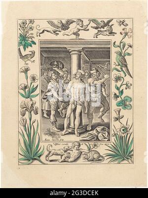 Scourging Christ; The passion. Christ is tied to a pillar and is beaten ...