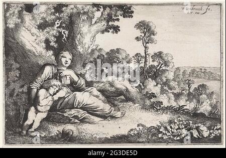 Hagar and Ismaël in the desert. Hagar rests at the foot of a thick tree ...