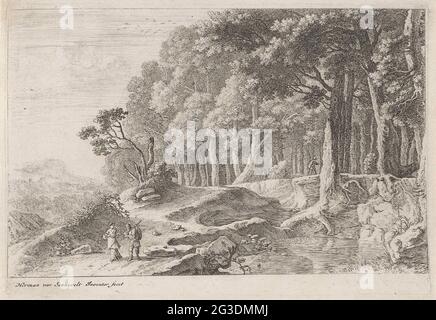 Hikers at a stream; Twelve landscapes. Some walking figures can be seen ...